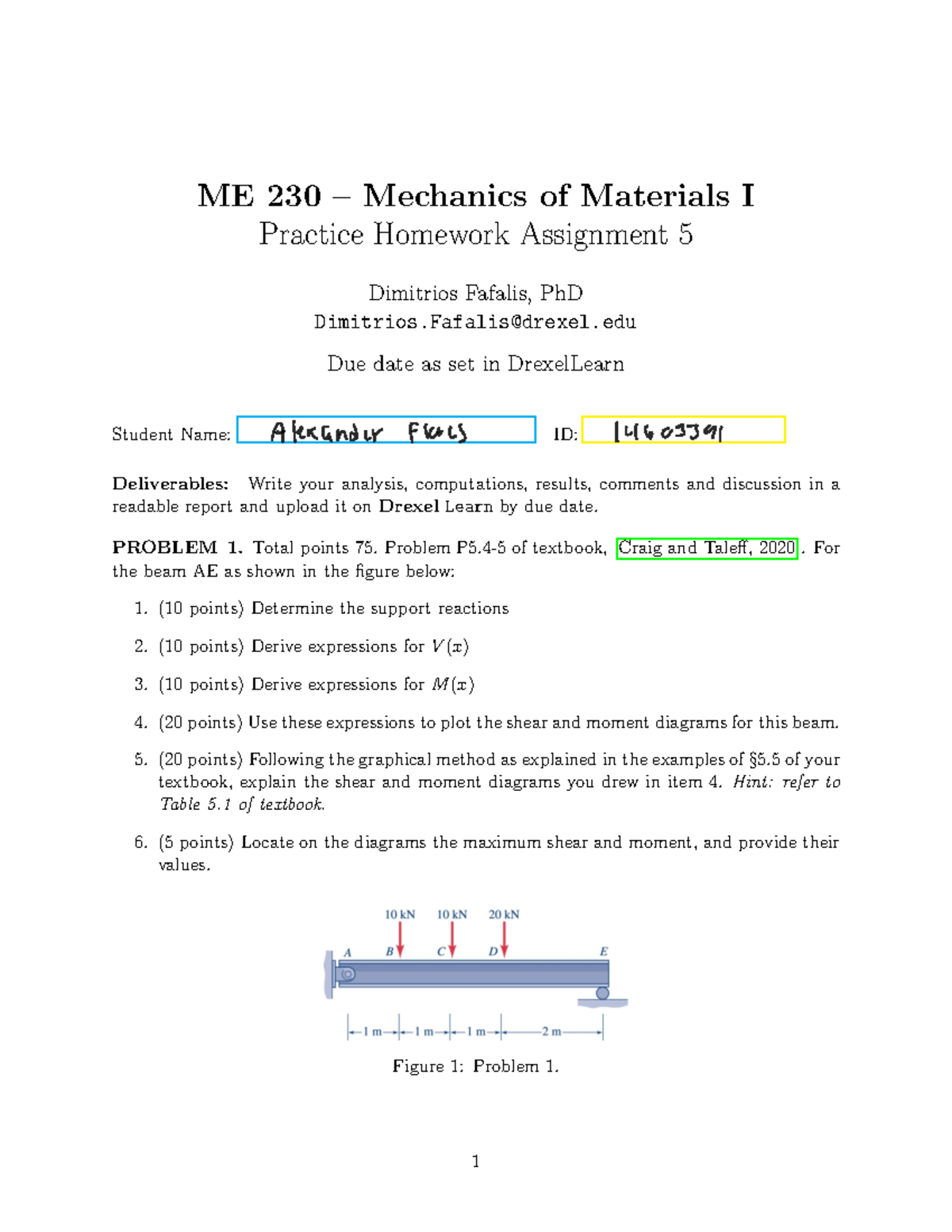 HW5 S24+t G5+ - none - ME 230 – Mechanics of Materials I Practice Homework Assignment 5 ...
