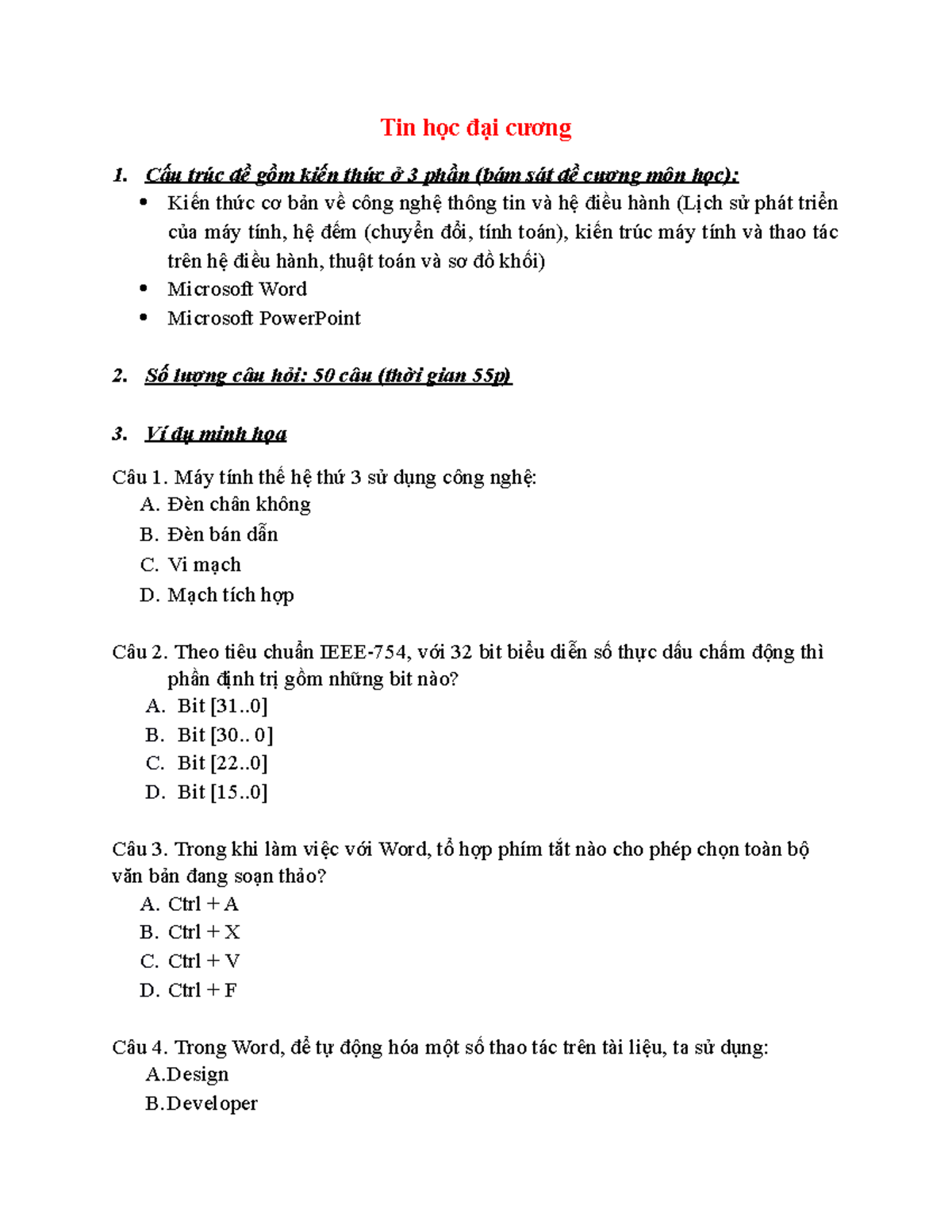 Ví dụ cấu trúc đề thi trắc nghiệm Tin học đại cương - Tin học đại cương ...