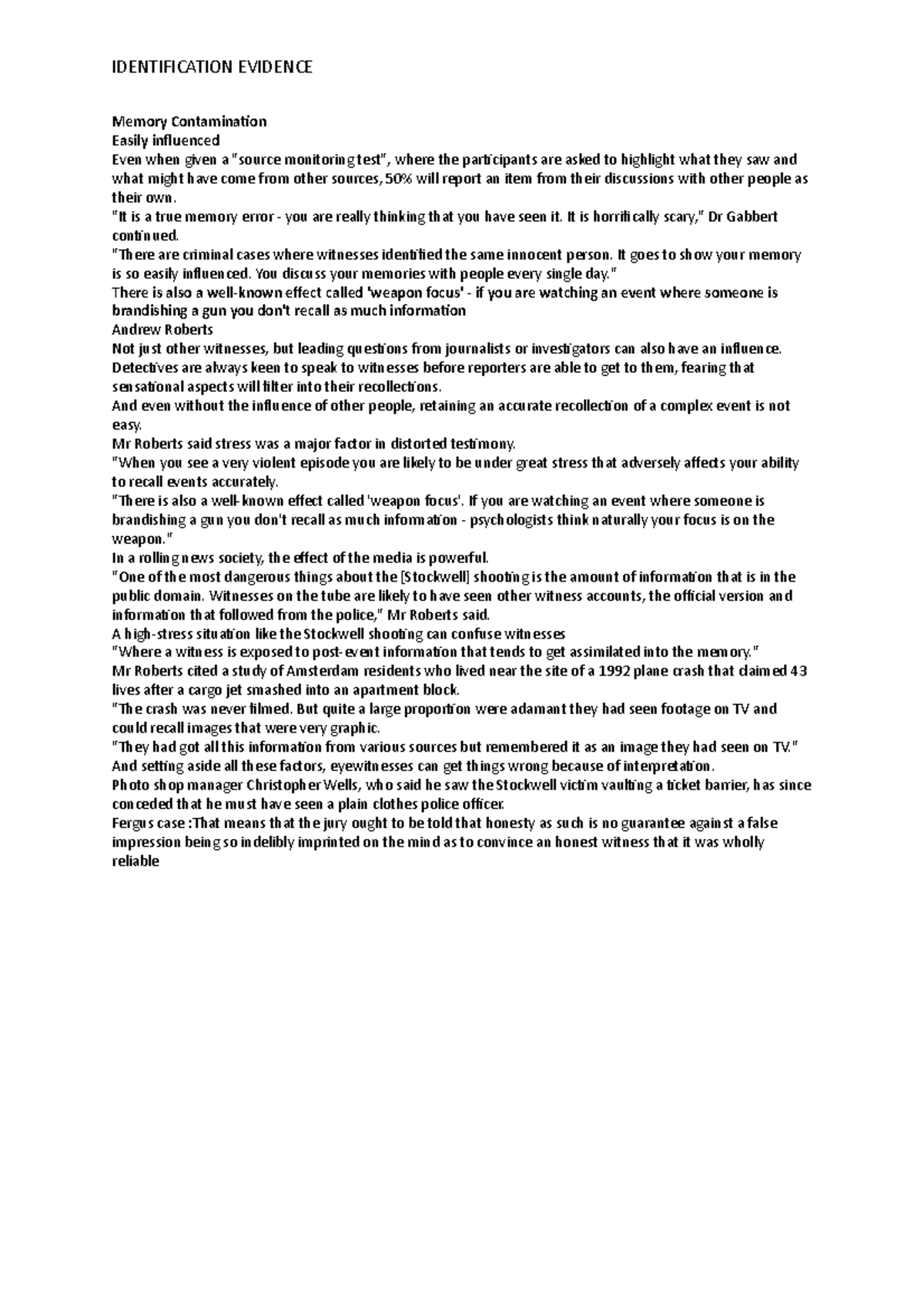 Identification - Lecture notes 4 - IDENTIFICATION EVIDENCE Memory ...