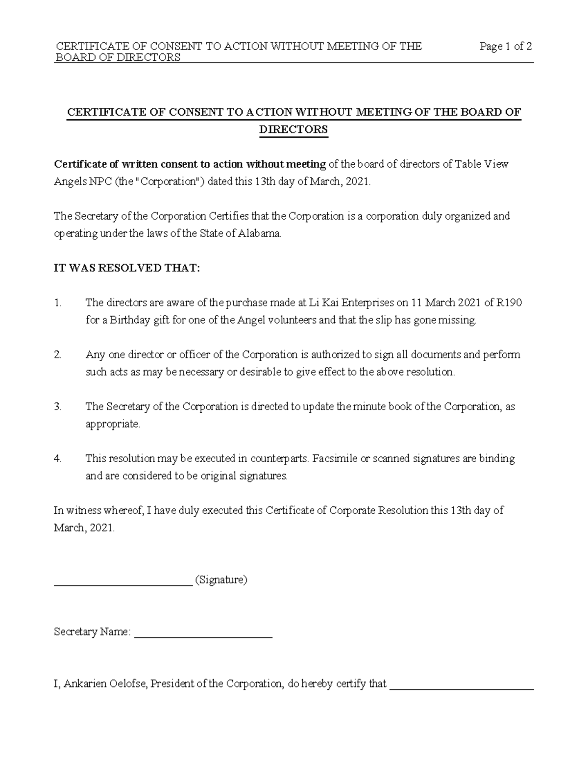 Board Resolution 4 - NPC - CERTIFICATE OF CONSENT TO ACTION WITHOUT ...
