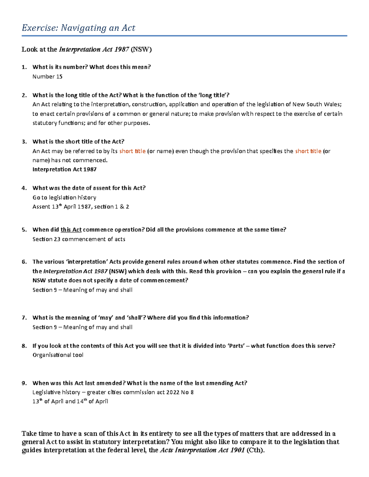 Navigating an Act Exercise - For Students - Exercise: Navigating an Act ...