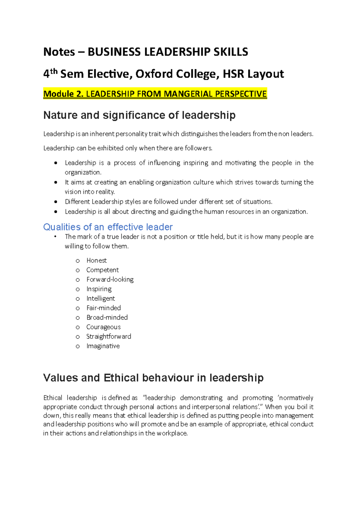 Notes - Module 2- Leadership FROM Mangerial Perspective - Notes ...