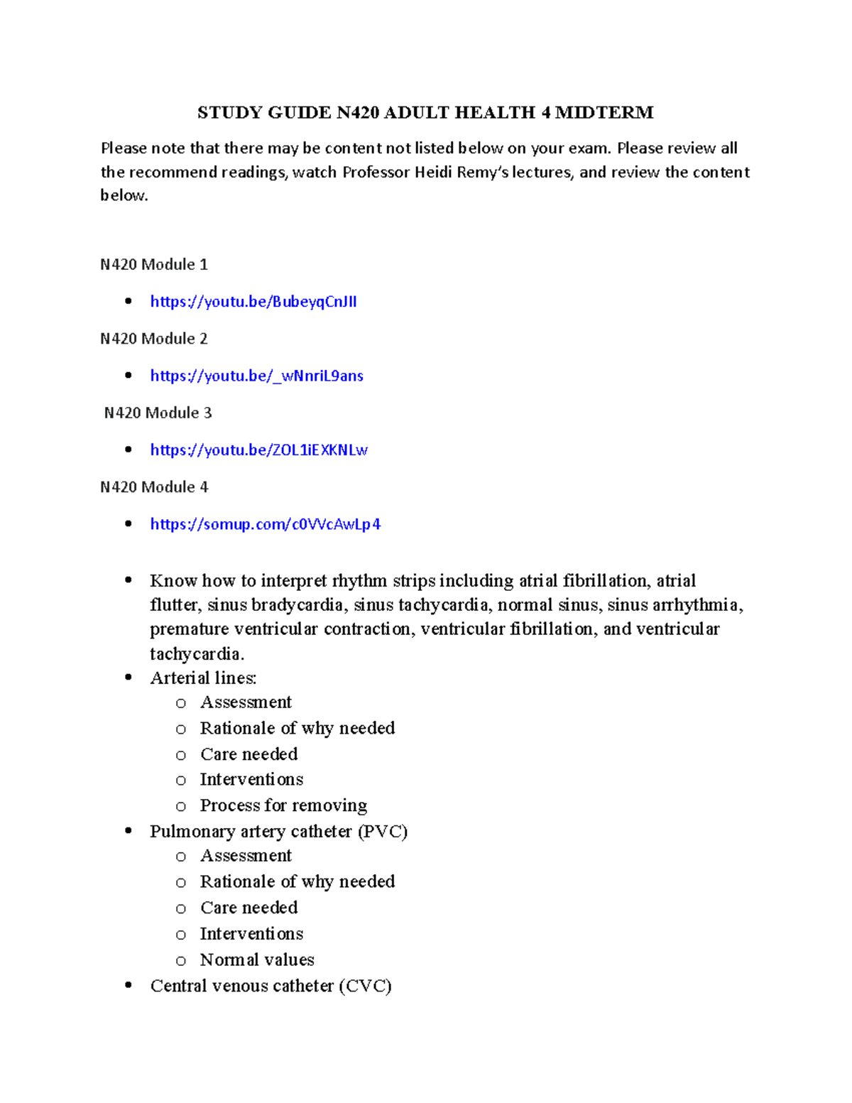 nursing seminar - STUDY GUIDE N420 ADULT HEALTH 4 MIDTERM Please note ...