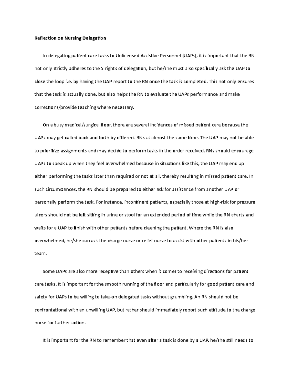 Delegation assignment - Reflection on Nursing Delegation In delegating ...