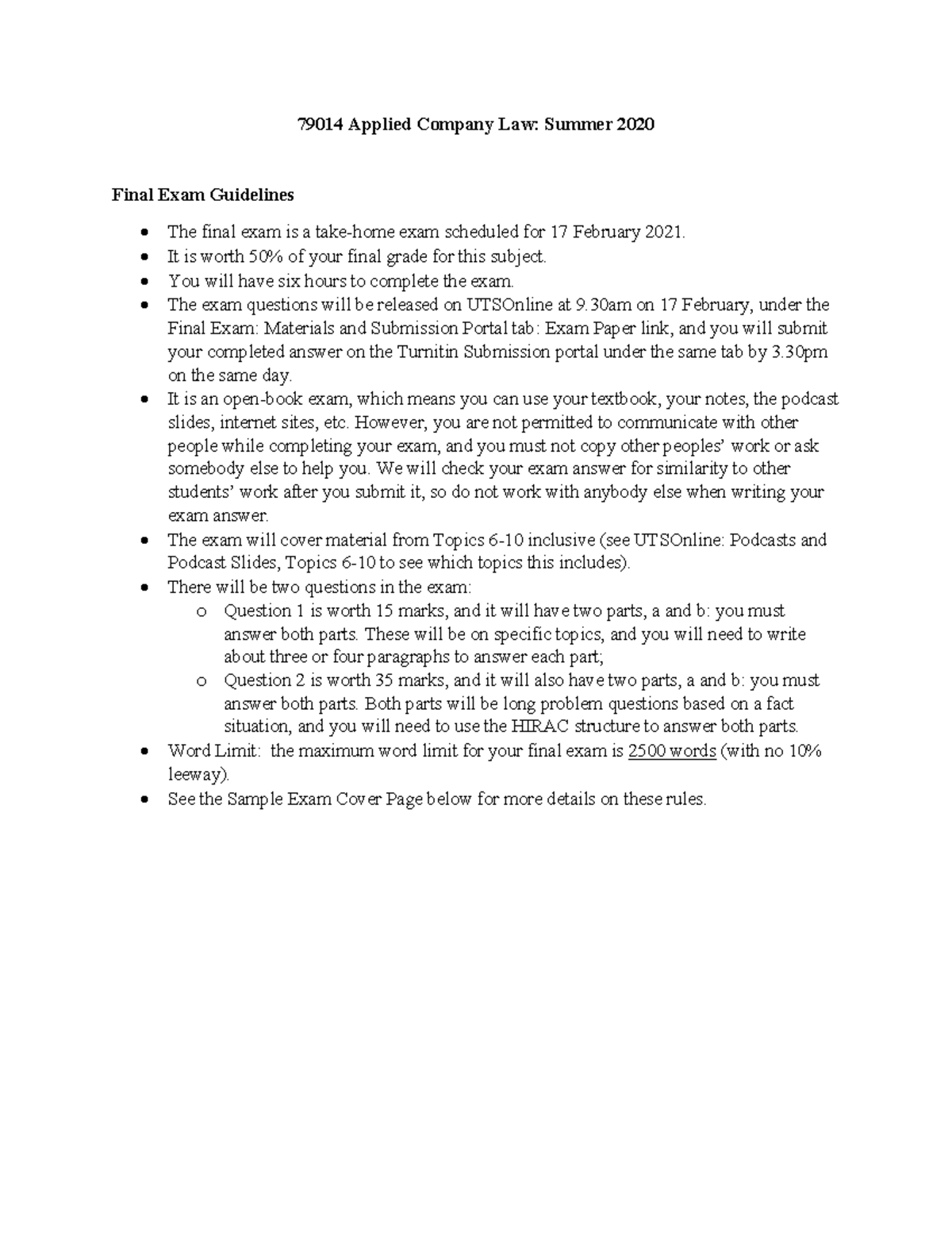 Summer 2020 final exam guidelines ACL - 79014 Applied Company Law ...