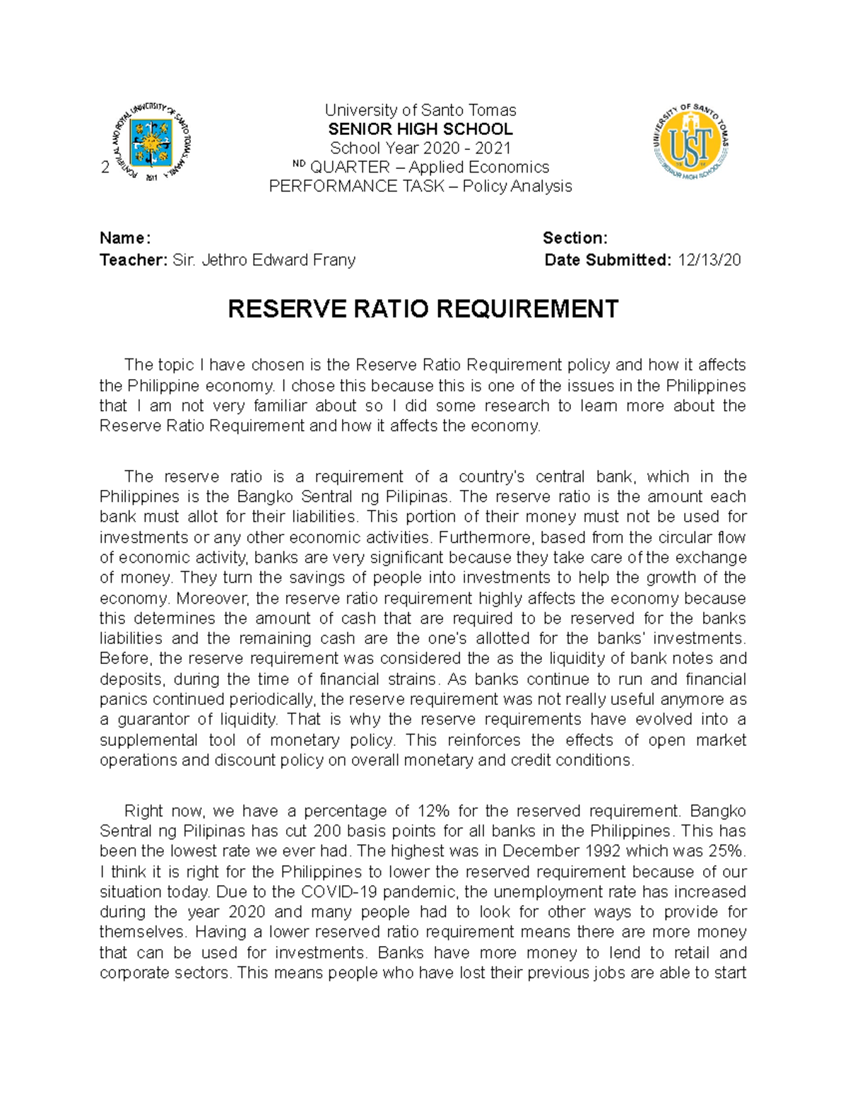 APEC Position Paper - University of Santo Tomas SENIOR HIGH SCHOOL ...