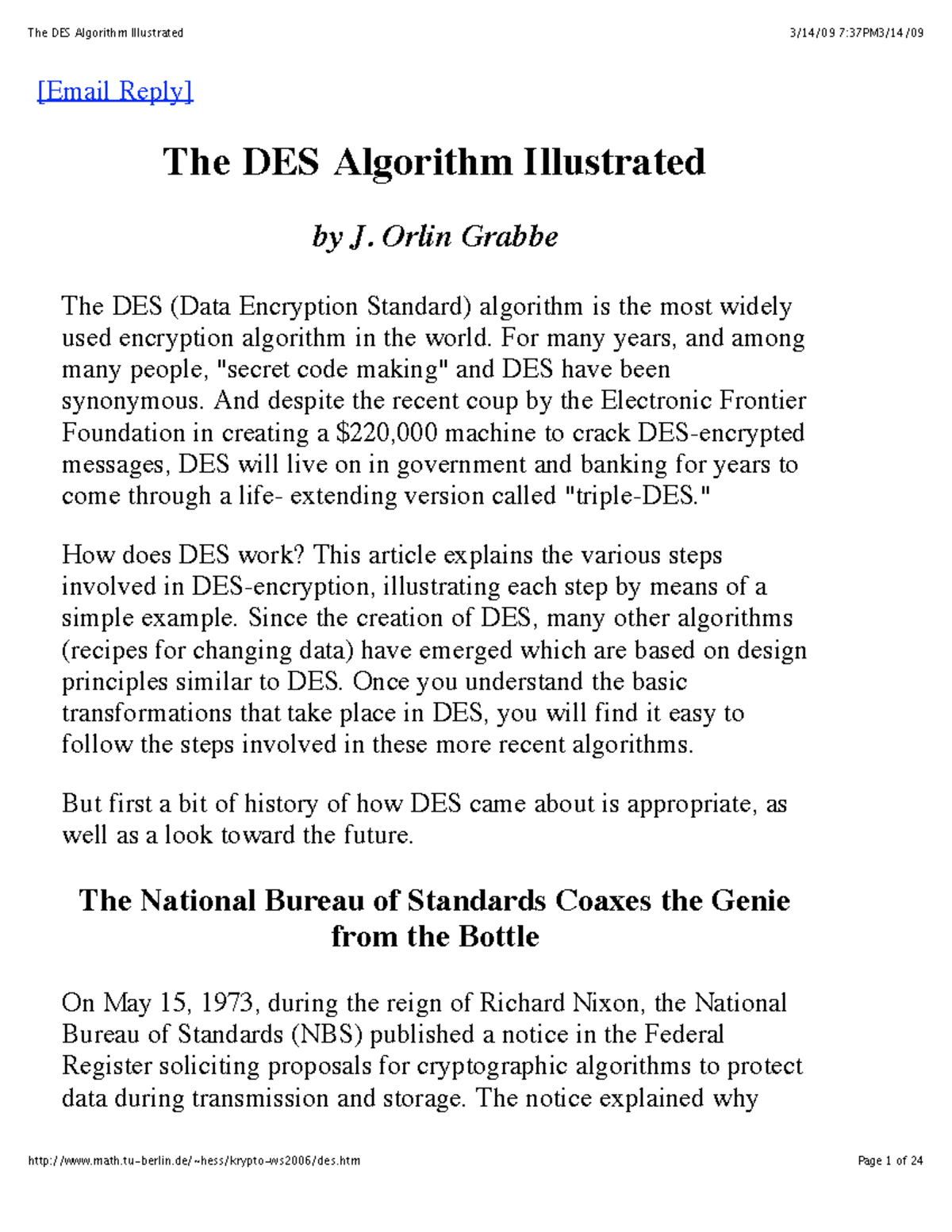 The DES Algorithm Illustrated - [Email Reply] The DES Algorithm Illustrated by J. Orlin Grabbe ...