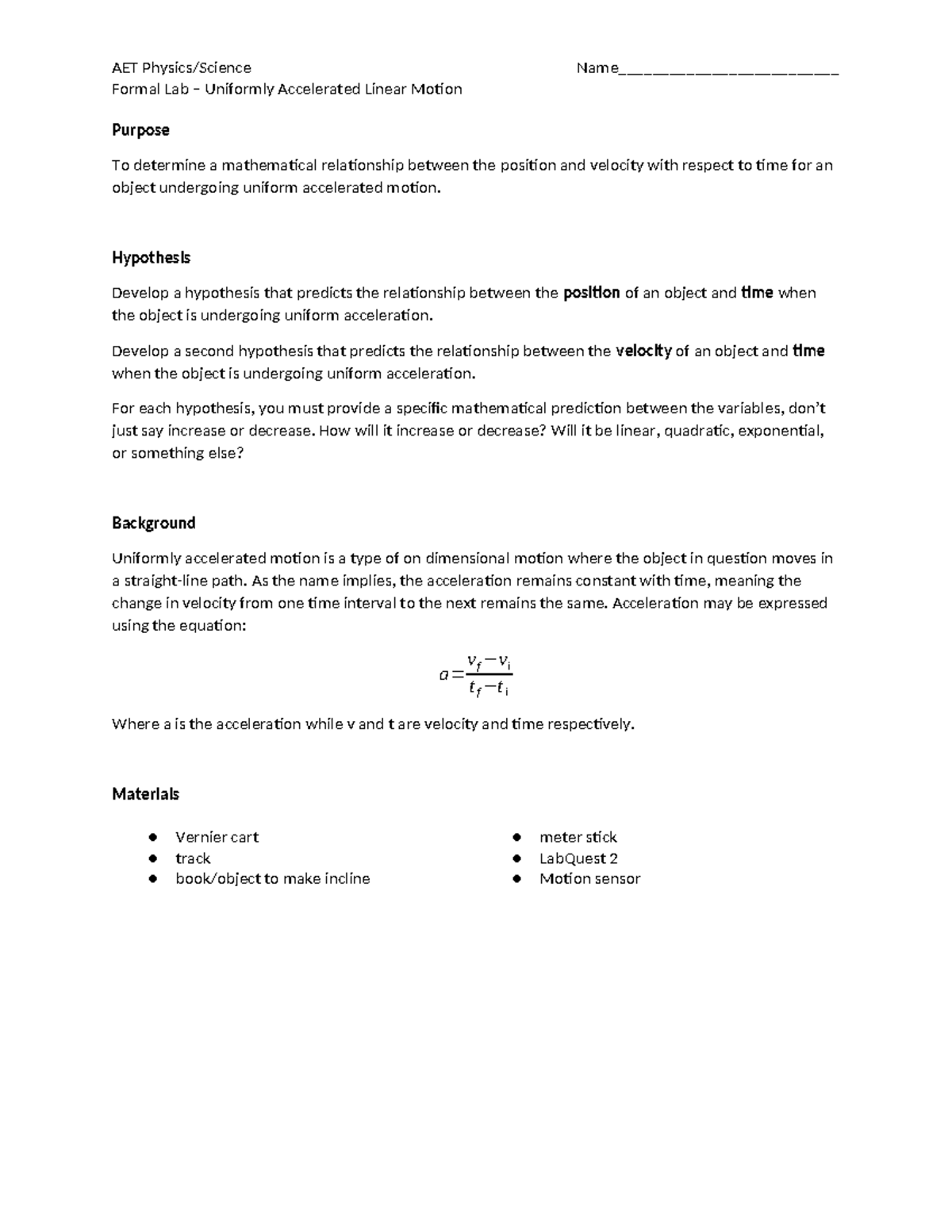 Linear Motion Lab 21-22 - AET Physics/Science Name ...