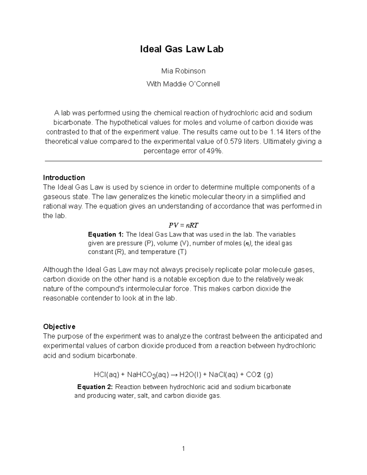Ideal Gas Law L - Ideal Gas Law Lab Mia Robinson With Maddie O’Connell ...
