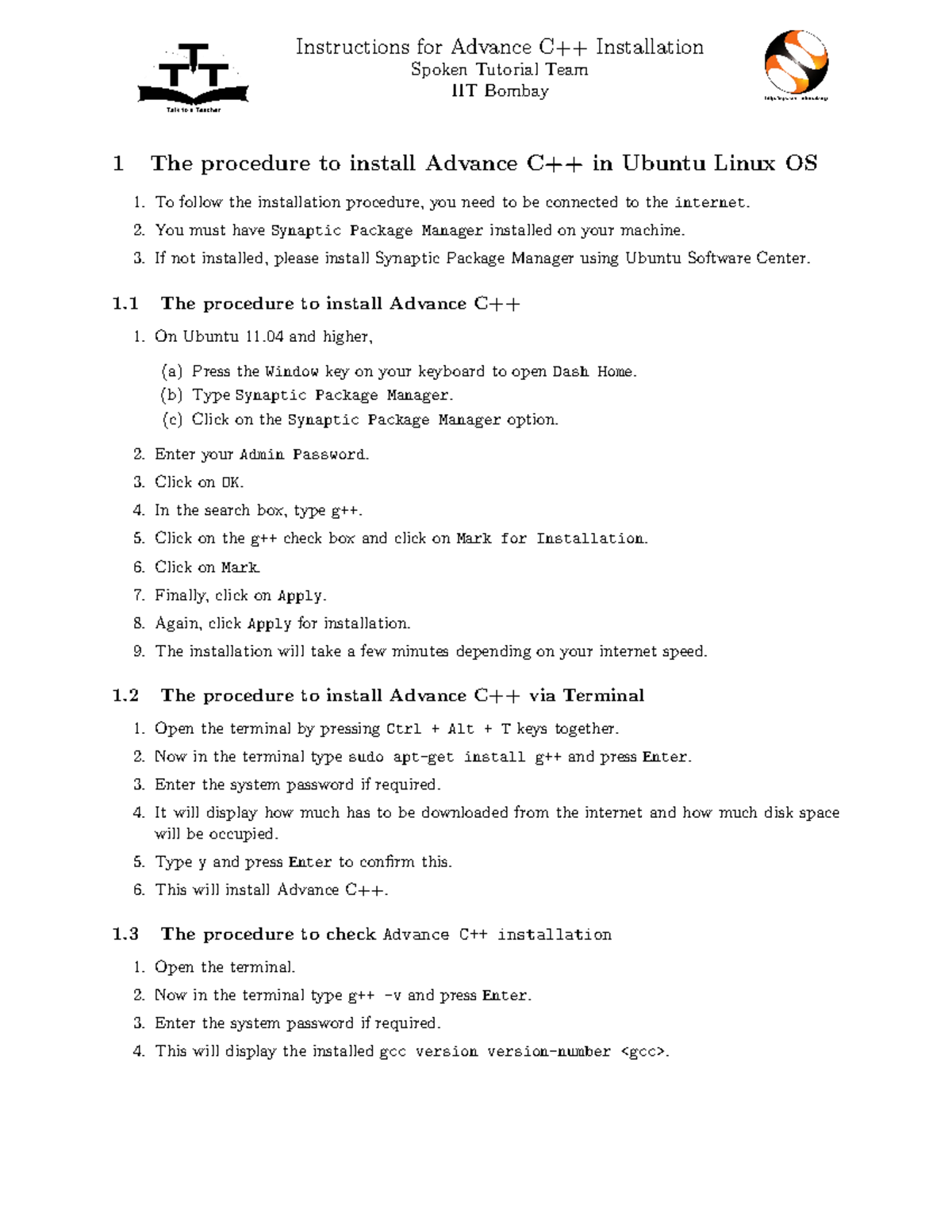 Advanced Cpp Installation Sheet English - Instructions for Advance C++ Installation Spoken ...