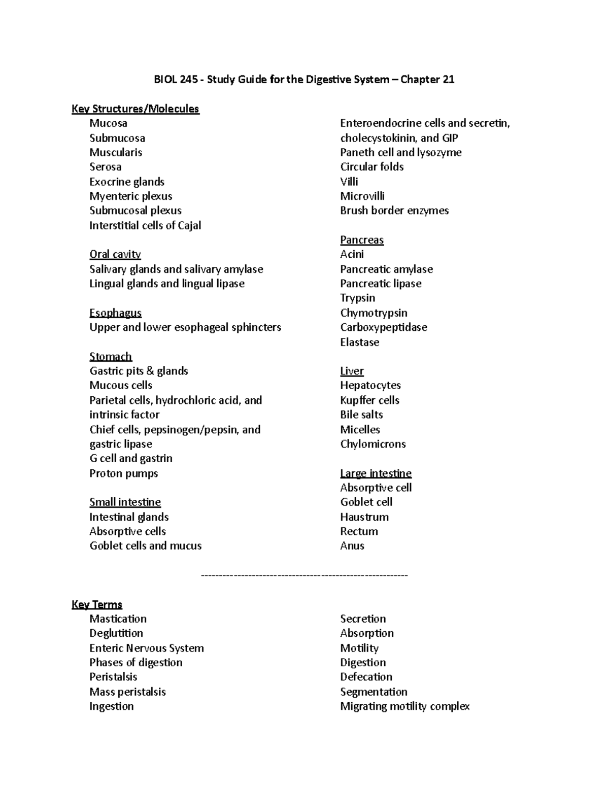 F21 Digestive System SG - BIOL 245 - Study Guide for the Digestive ...