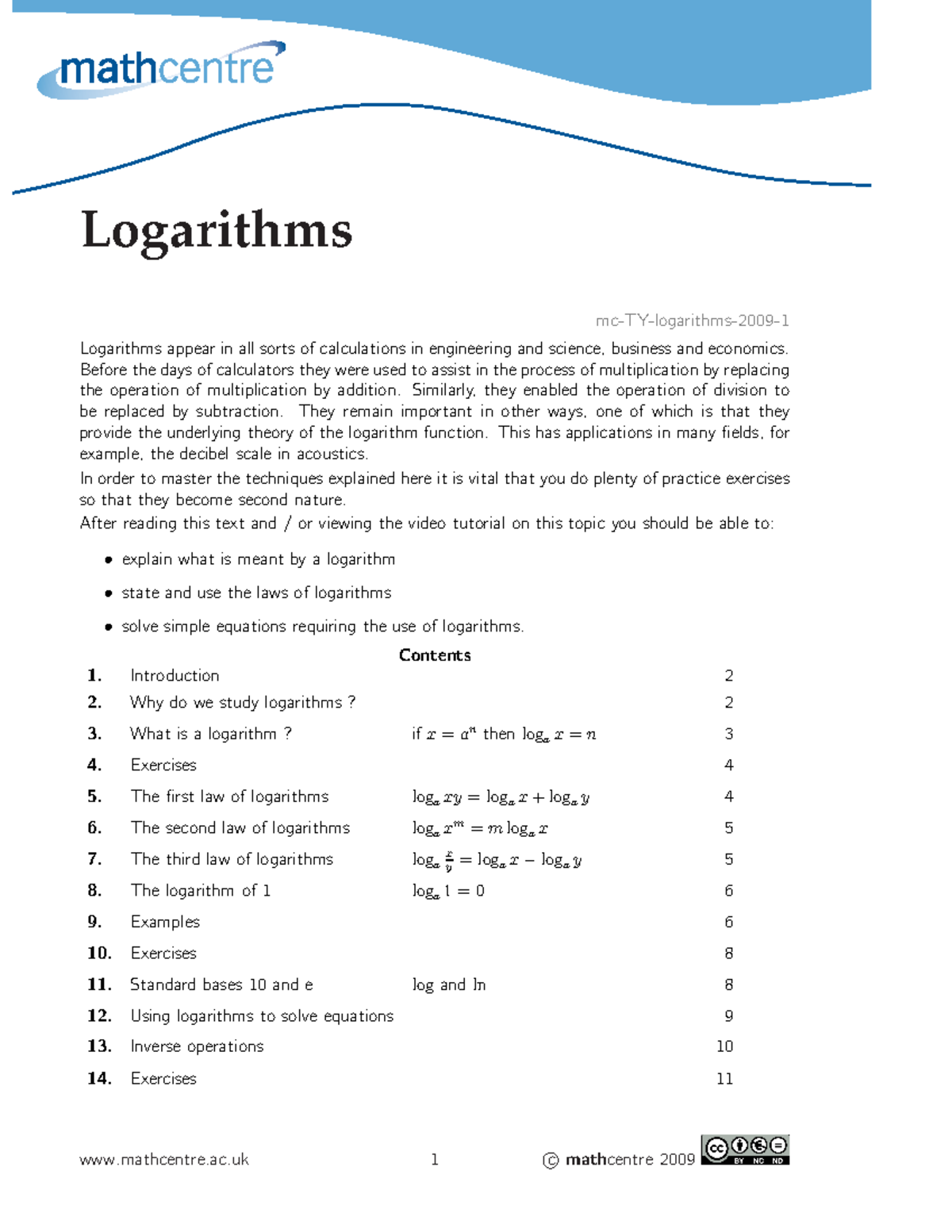 Mc ty logarithms 2009 1 - Questions On Logarithm - Logarithms mc-TY ...
