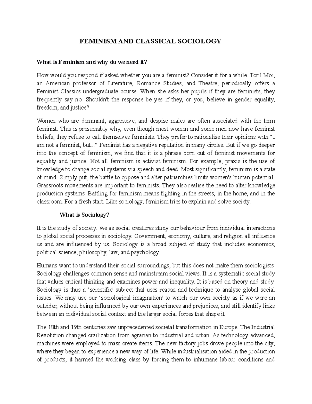 Feminism AND Classical Sociology - FEMINISM AND CLASSICAL SOCIOLOGY ...