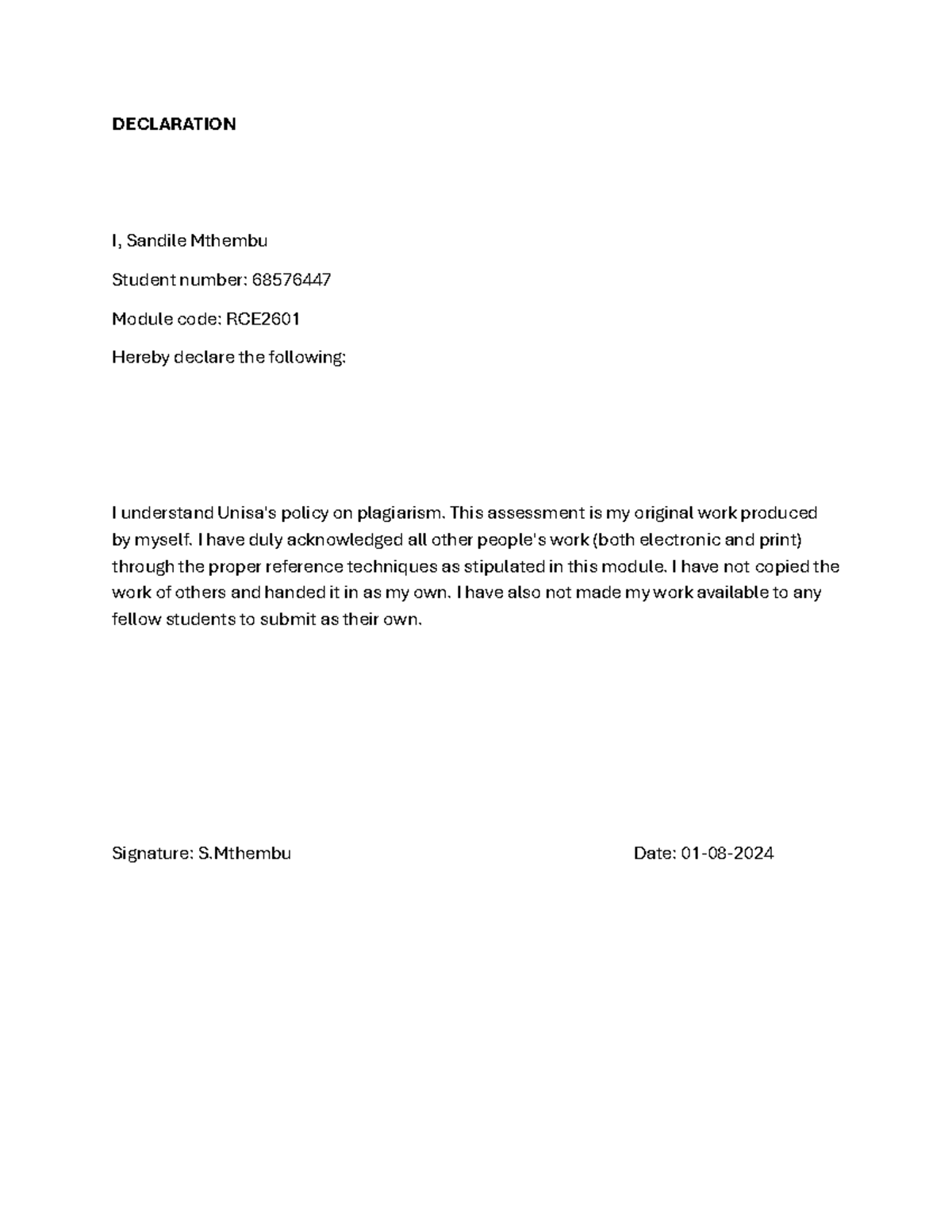 68576447 RCE2601 Assignment 2 - DECLARATION I, Sandile Mthembu Student ...