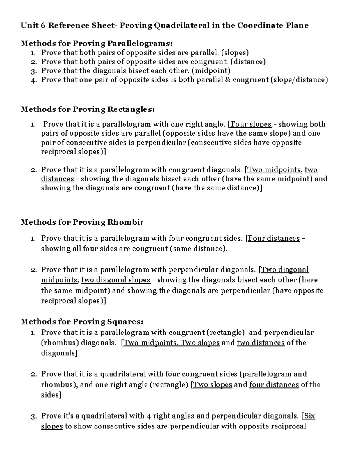 Unit 6 Reference Sheet- Proving Quadrilaterals Methods - Prove that ...
