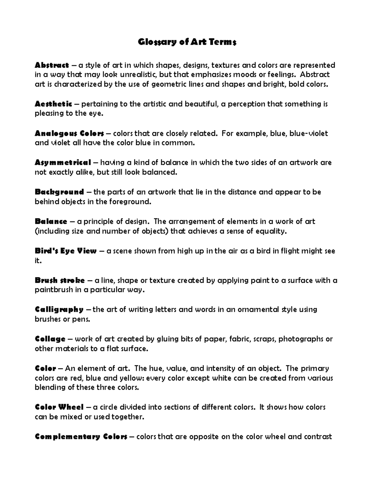 Artiology 1 Outline - Glossary of Art Terms Abstract – a style of art ...