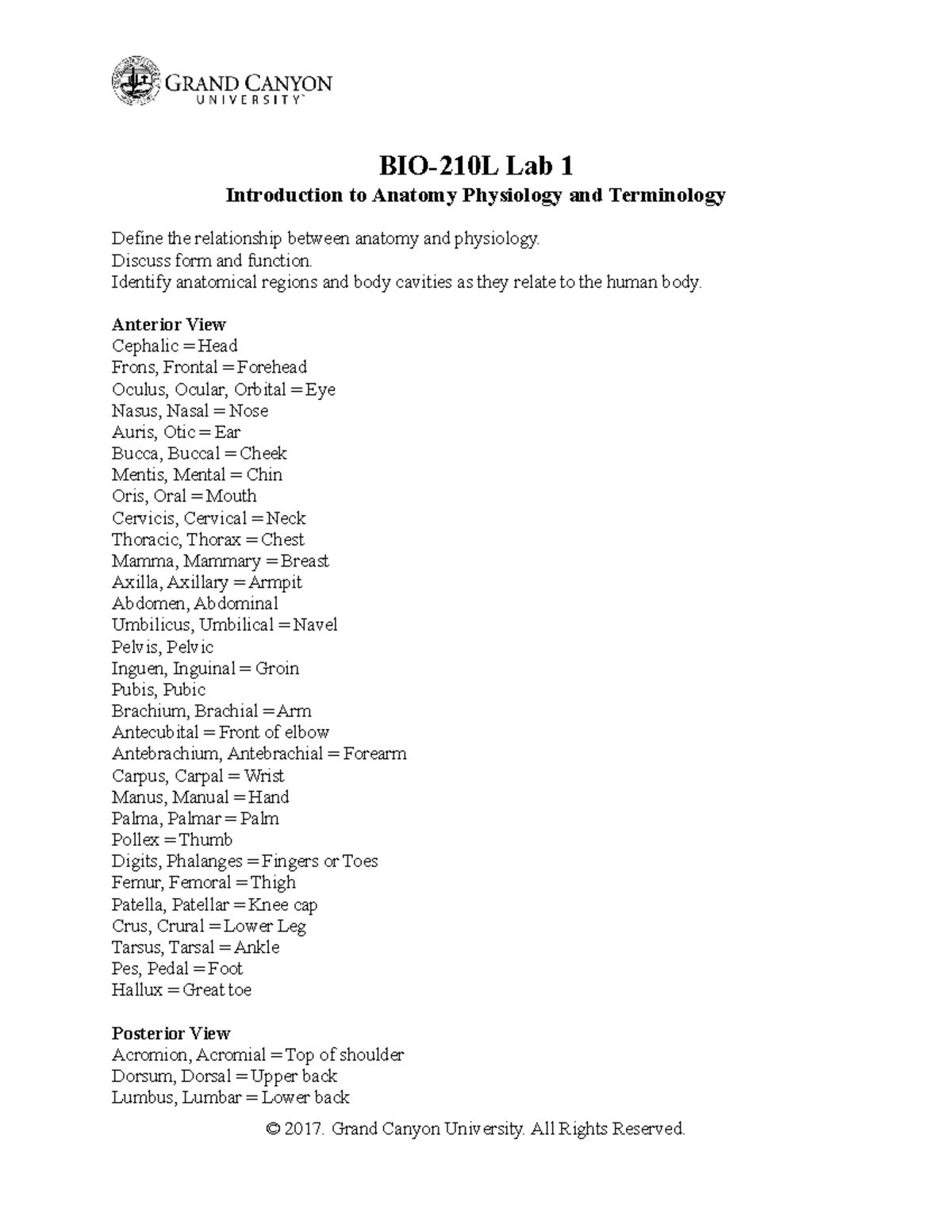 BIO 210L RS Lab1 - lab terms 1 definitions meanings - BIO-210L Lab 1 Introduction to Anatomy ...