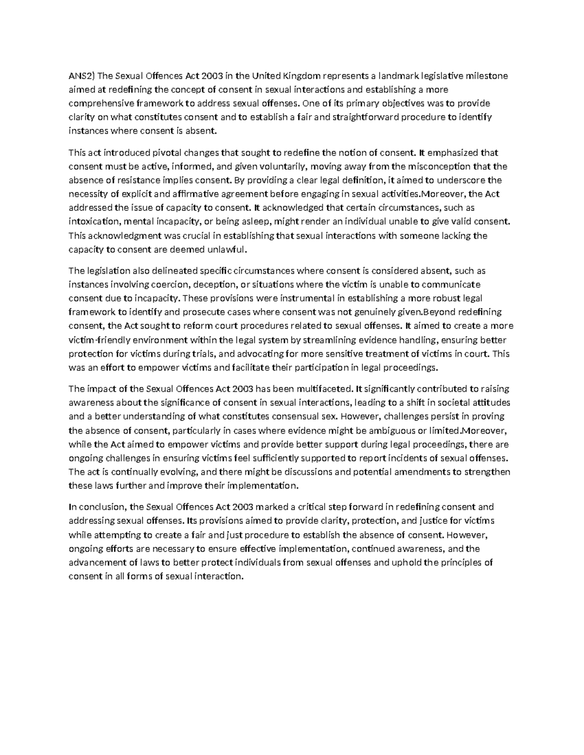 Criminal mid 23 - PAST PAPER QUESTION - ANS2) The Sexual Offences Act ...