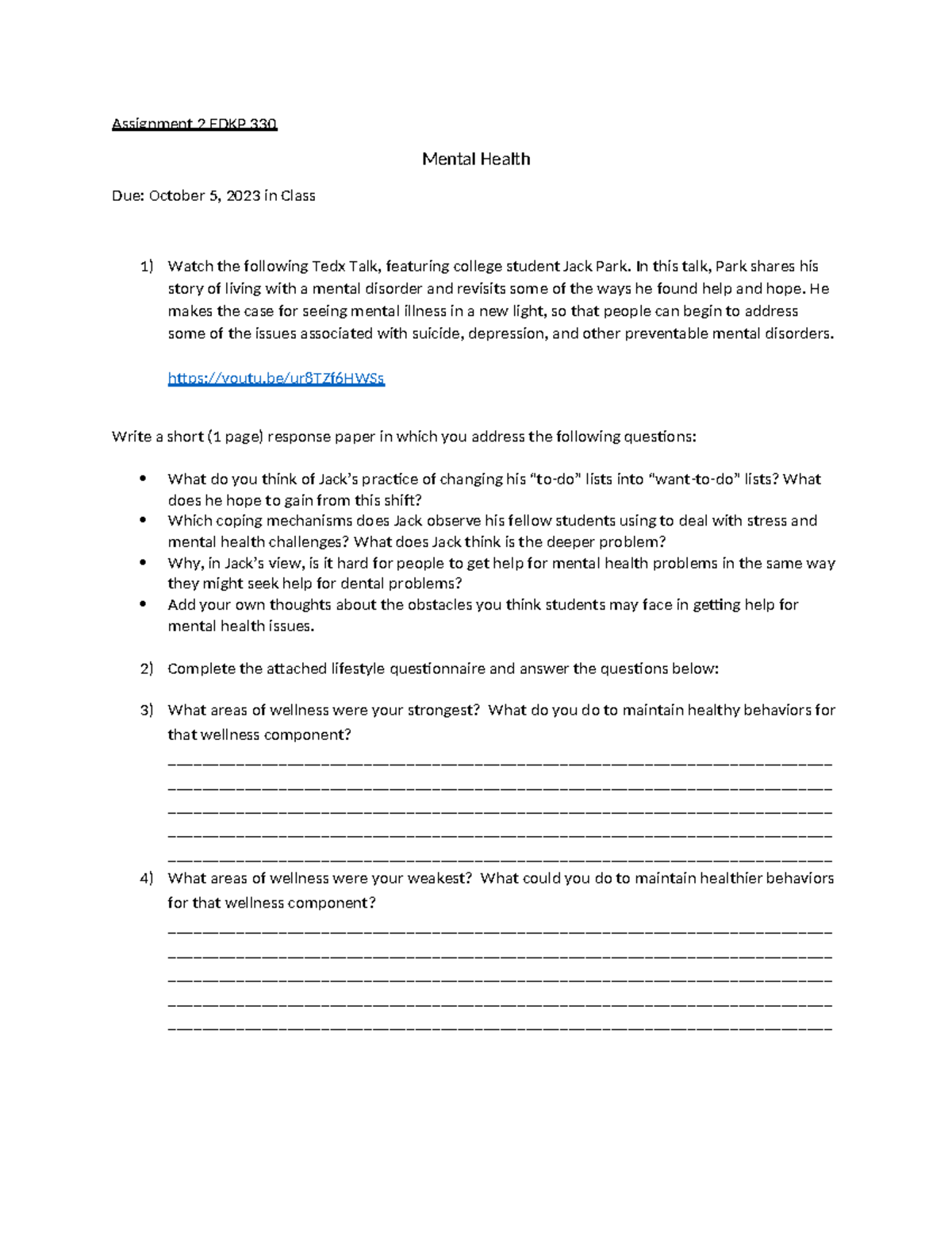 EDKP 330-Assignment 2 - Assignment required in this class - Assignment 2 EDKP 330 Mental Health ...