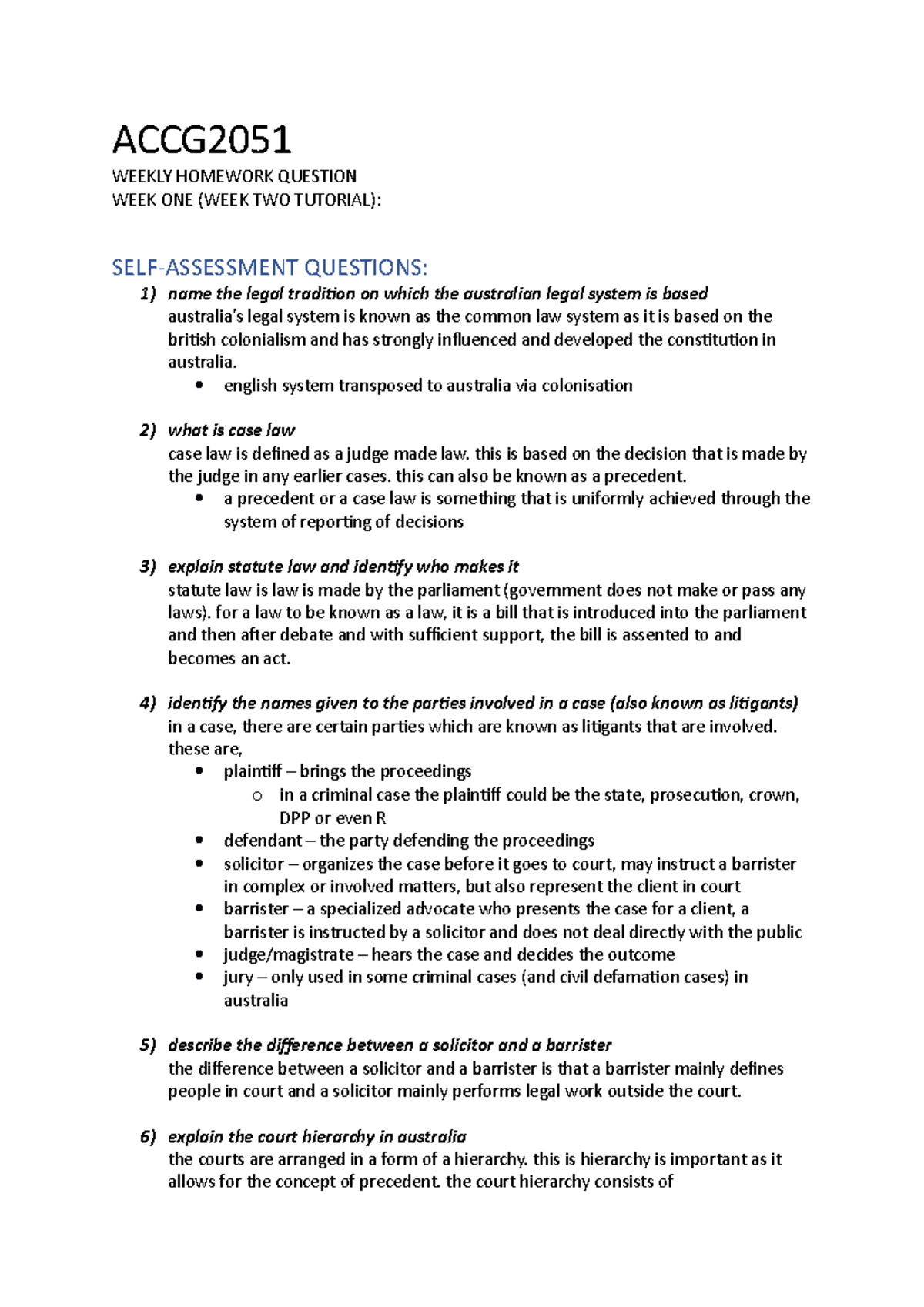 Accg2051 weekly questions - ACCG WEEKLY HOMEWORK QUESTION WEEK ONE (WEEK TWO TUTORIAL): - Studocu