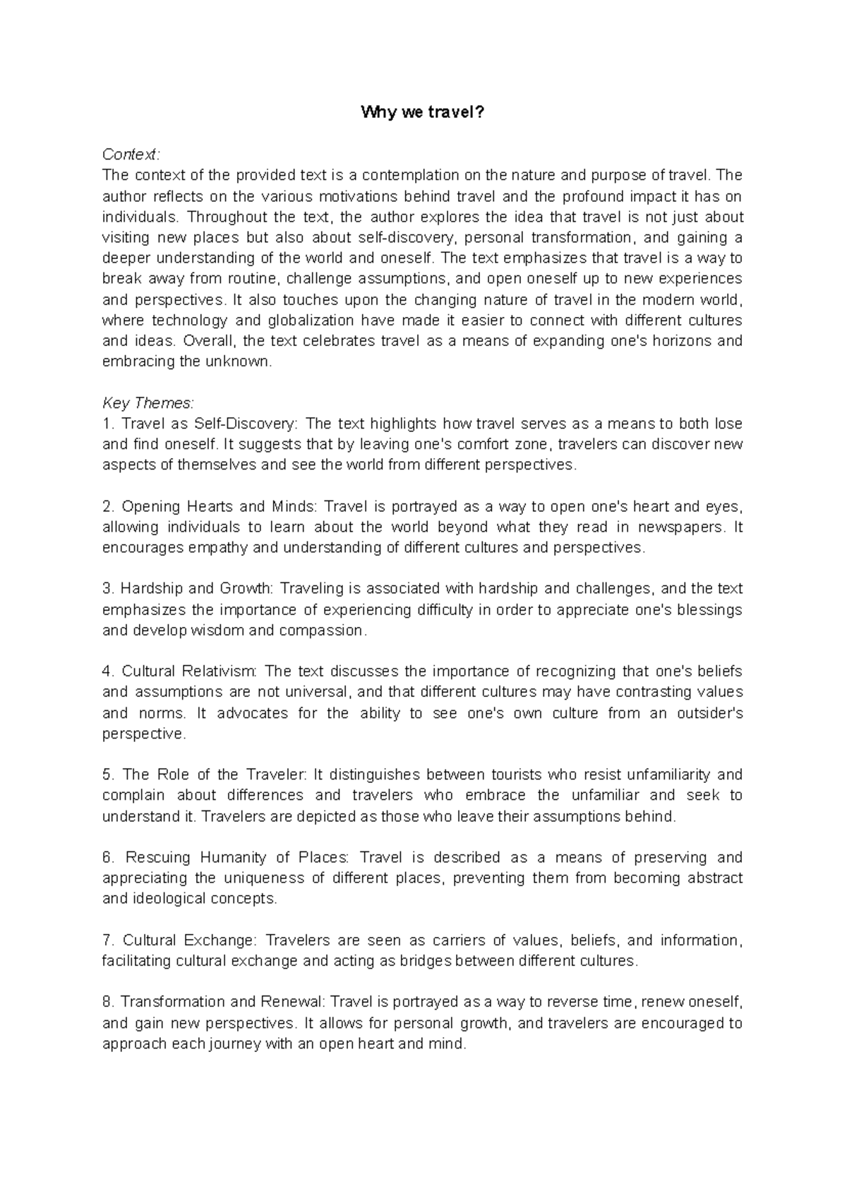 Why we travel summary - Why we travel? Context: The context of the ...