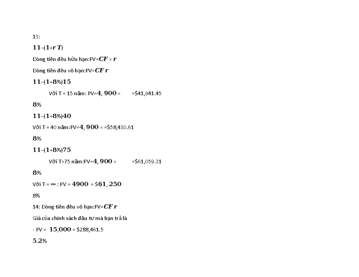 Bài tập TCDN chương 4 - ccccccccccccccc - 13: 𝐀𝐀 −( 𝐀 + 𝐀 𝐀 ) Dòng tềền ...