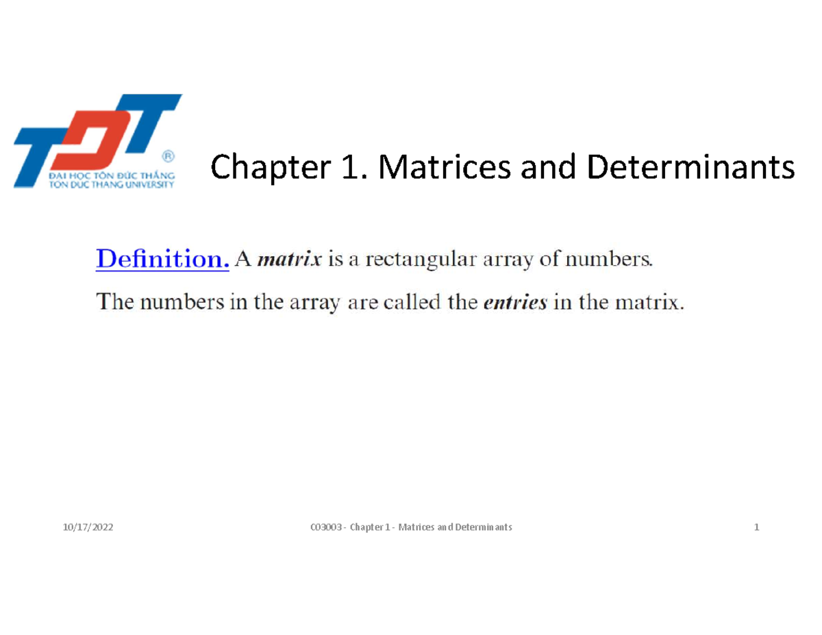 Chapter 1 Matrices and Determinants - Đại số tuyến tính - Special ...