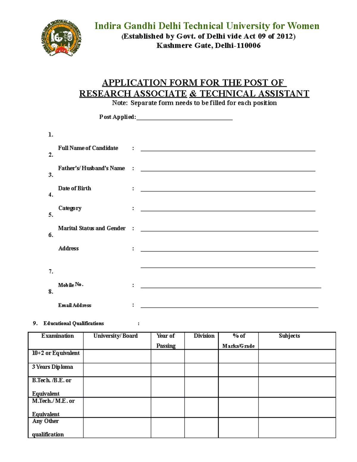 Application form RA and TA - Indira Gandhi Delhi Technical University ...