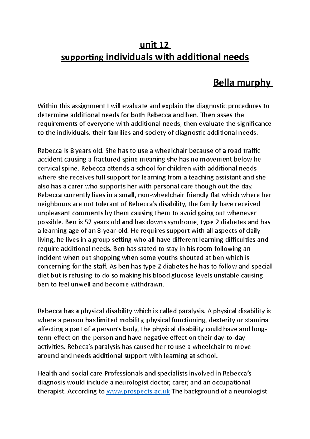 Unit 12 supporting individuals with additional needs - Then asses the ...