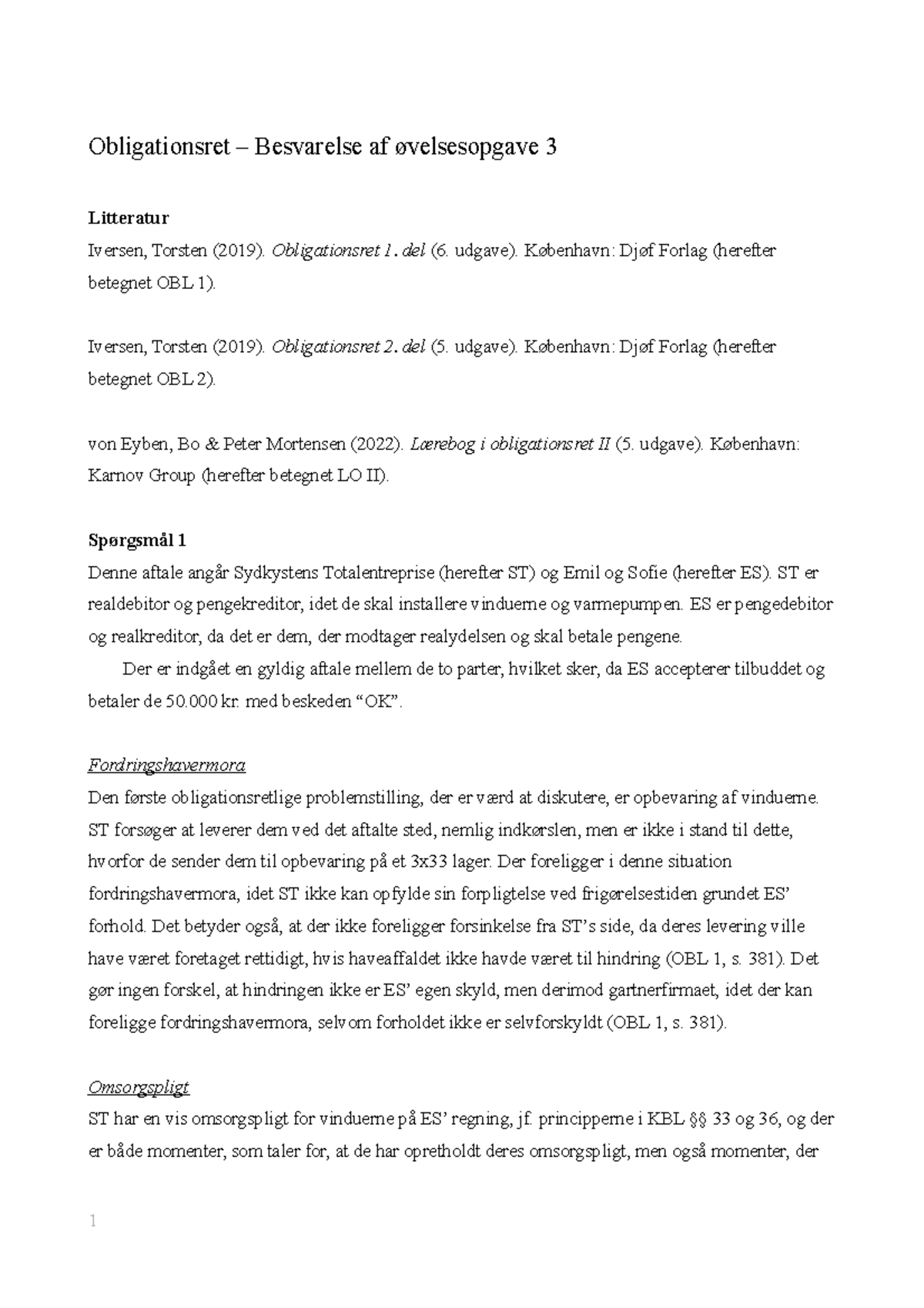 OBL øvelsesopgave 3 - Obligationsret – Besvarelse af øvelsesopgave 3 ...