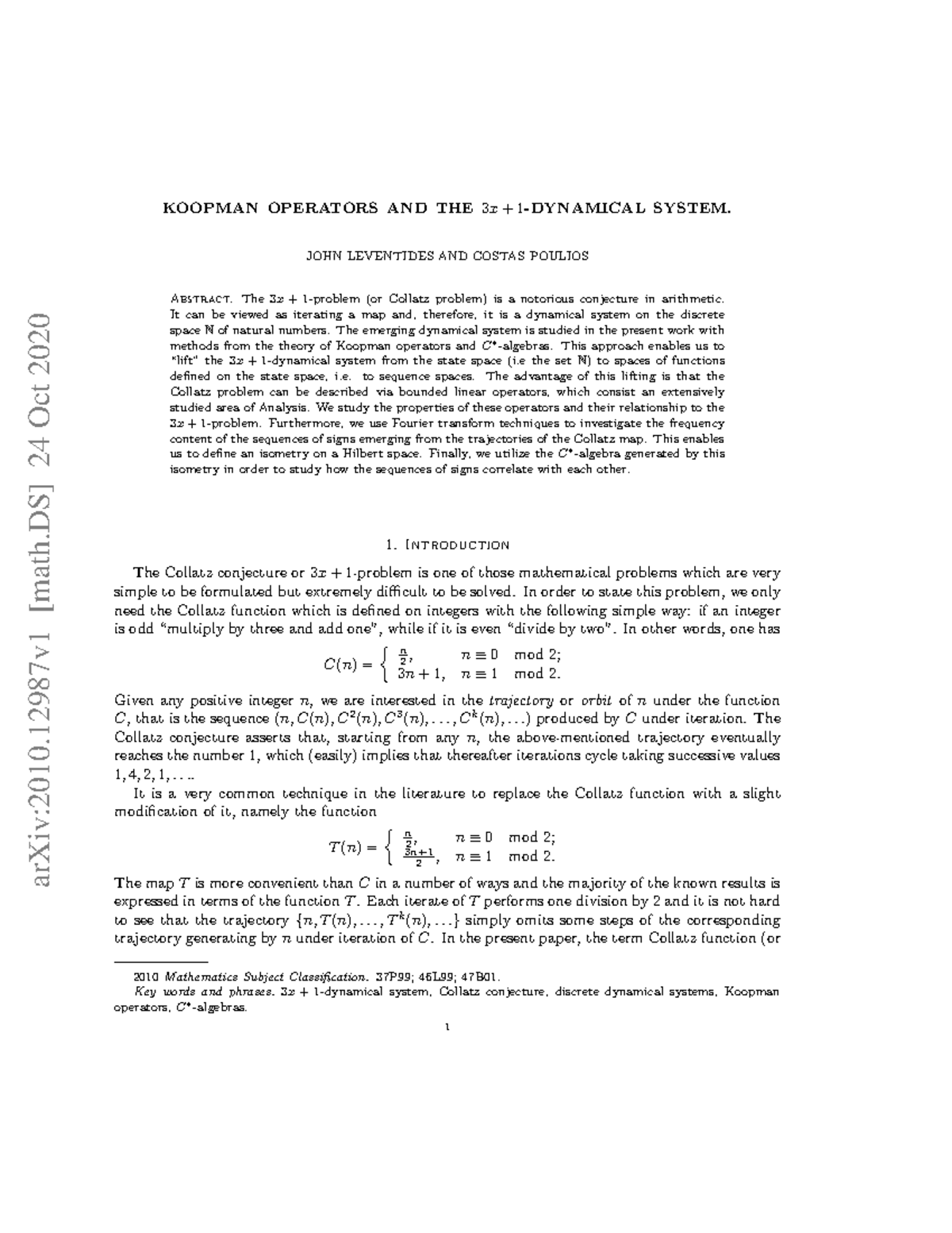 Projet 20 - KOOPMAN OPERATORS AND THE 3 x + 1-DYNAMICAL SYSTEM. JOHN ...