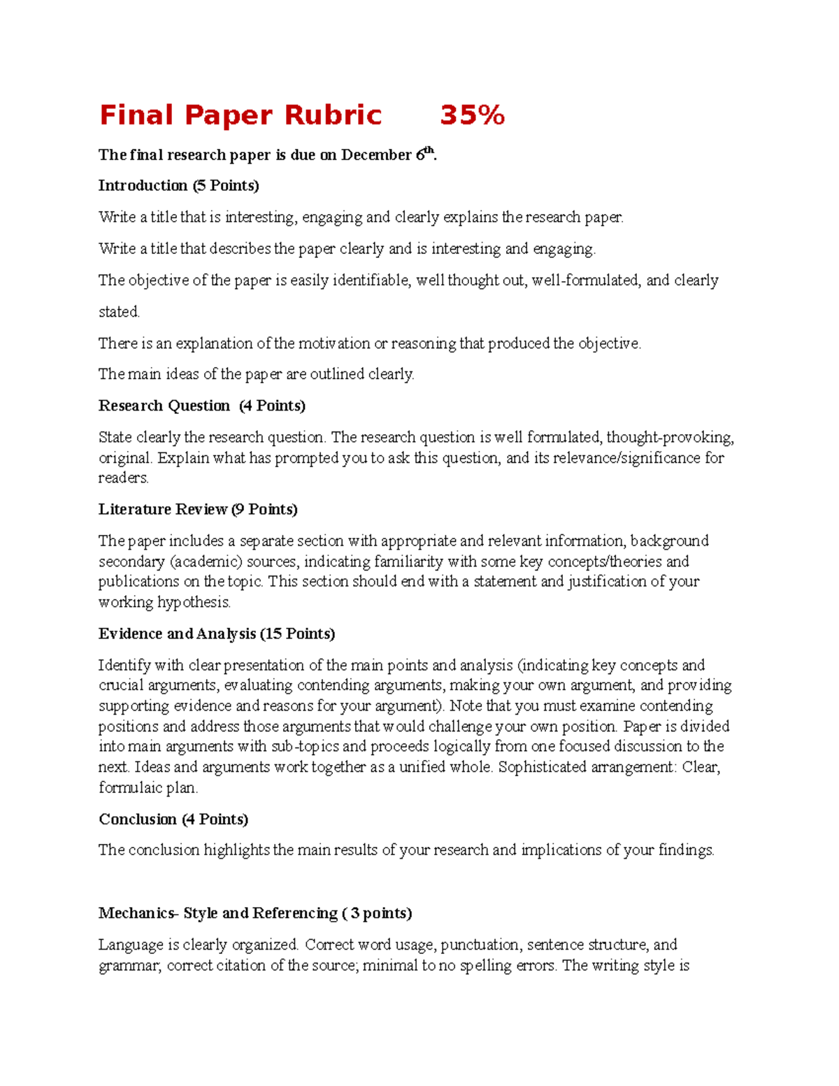 Final Paper Rubric - Introduction (5 Points) Write a title that is ...