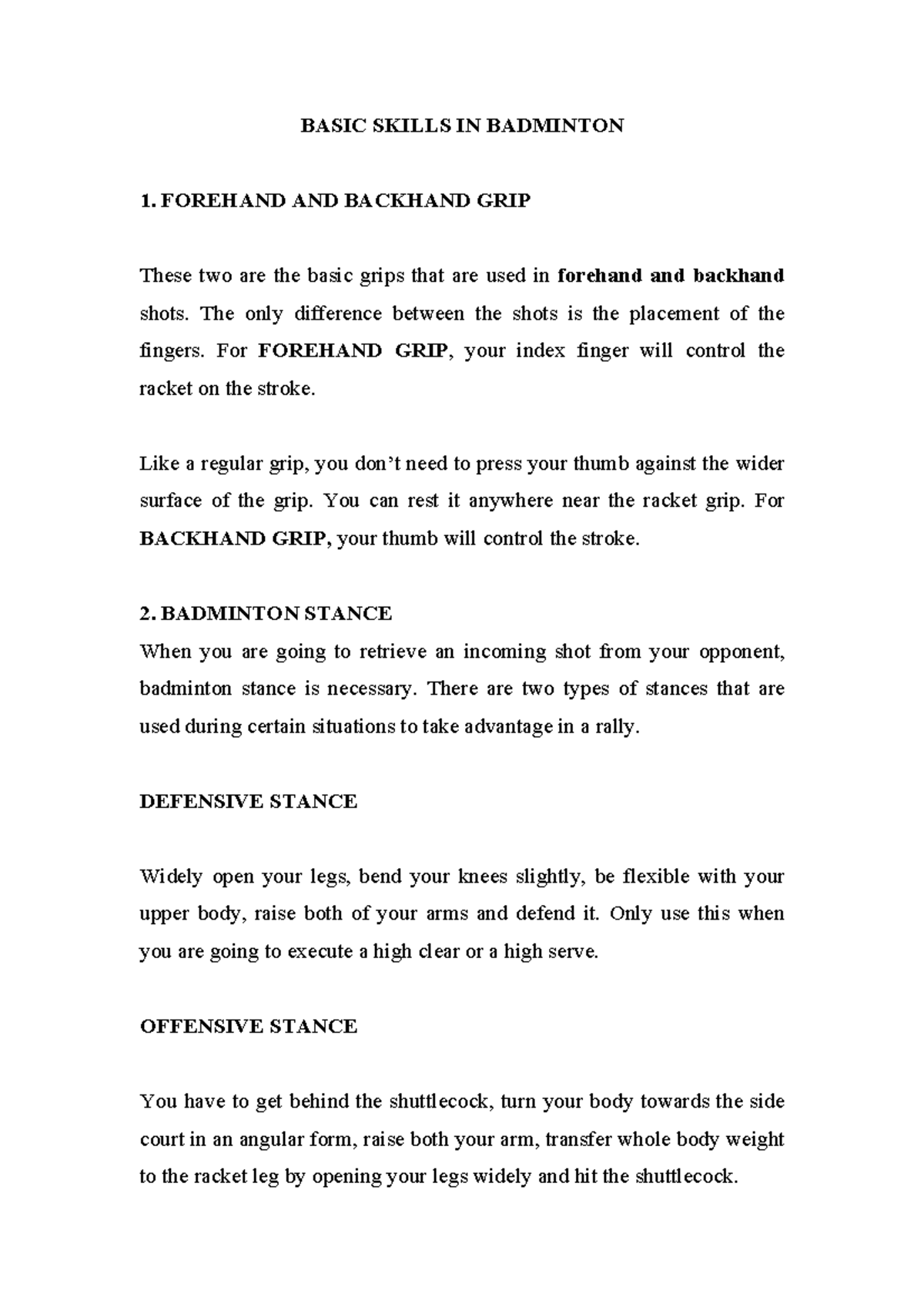 Skills IN Badminton - lecture notes lecture notes lecture notes - BASIC ...