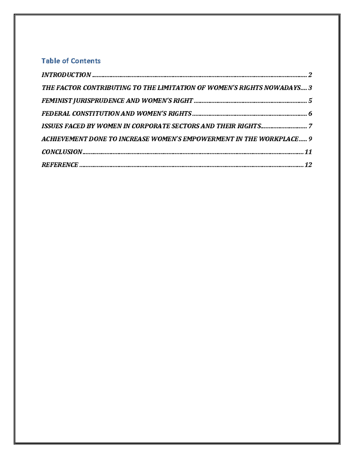 Feminism - Table of Contents INTRODUCTION THE FACTOR CONTRIBUTING TO ...