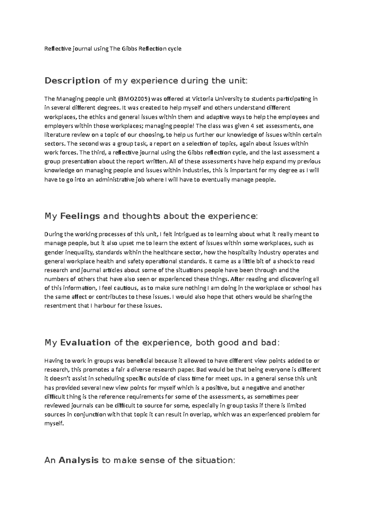 Reflective journal BMO2009 - Reflective journal using The Gibbs ...