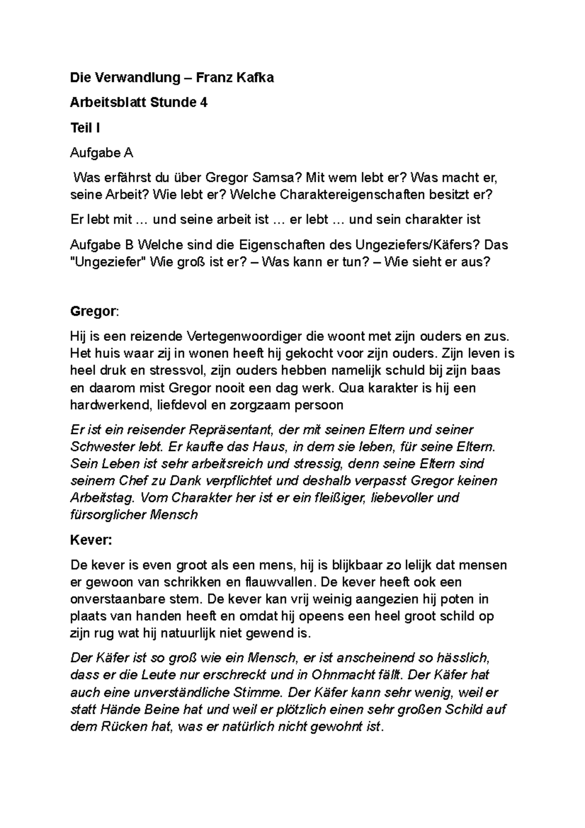 Die Verwandlung kafka - Die Verwandlung – Franz Kafka Arbeitsblatt ...