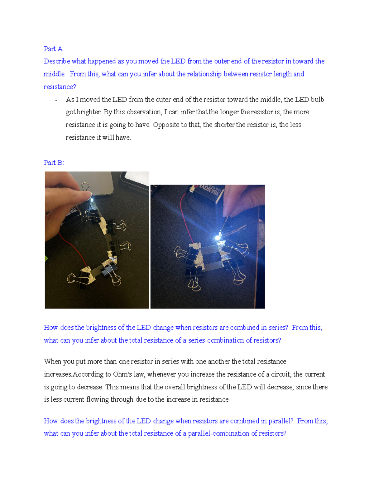Phy Lab 4 Electrical Resistance & Ohm's Law - Part A: Describe what ...