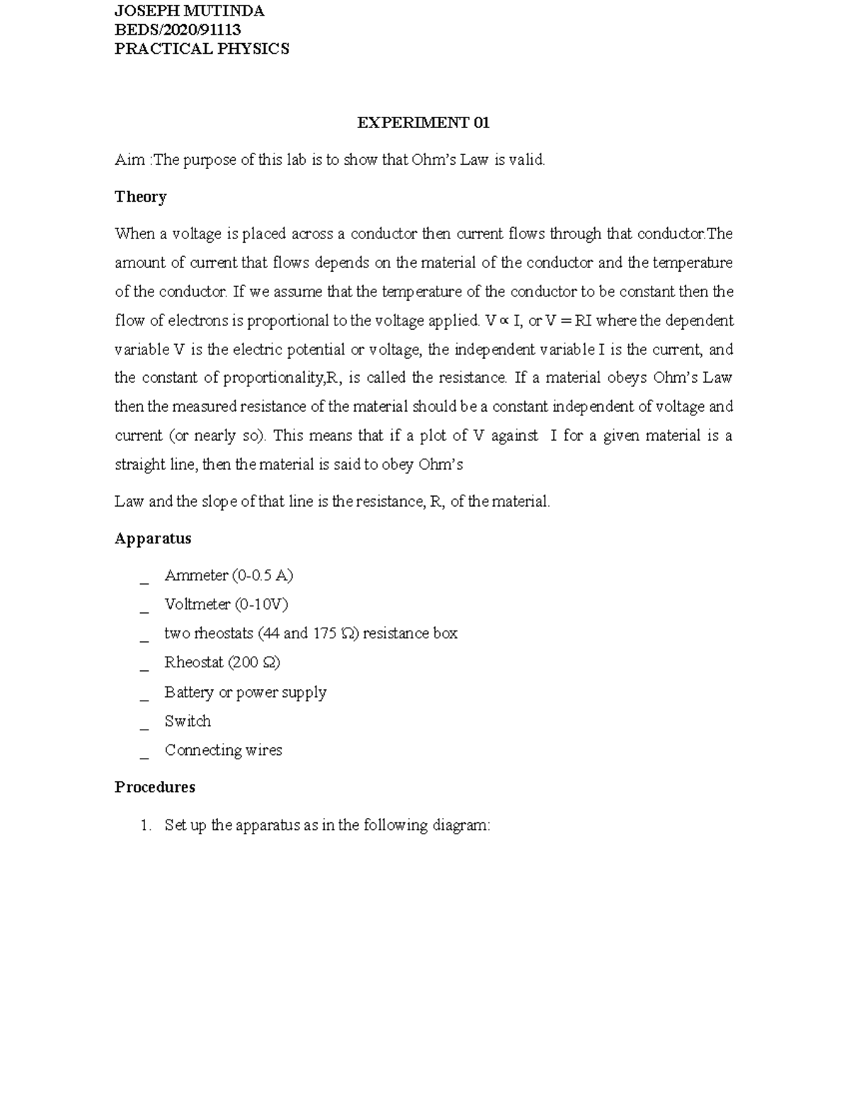 Joseph mutinda practical phy - BEDS/2020/ PRACTICAL PHYSICS EXPERIMENT ...