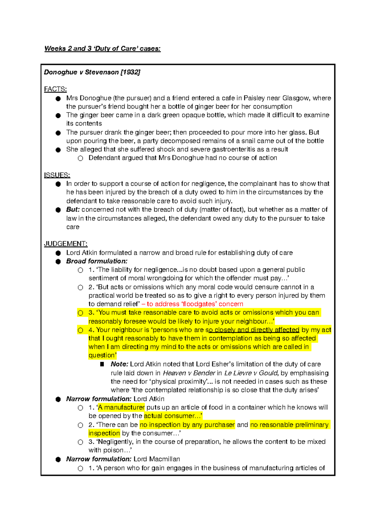 Tort Cases - Case summary based on reading list in depth - Weeks 2 and ...