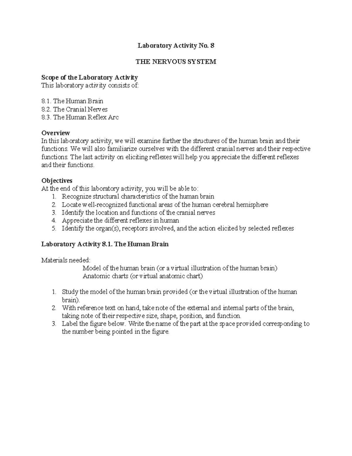 Nervous system - Worksheet - Laboratory Activity No. 8 THE NERVOUS ...