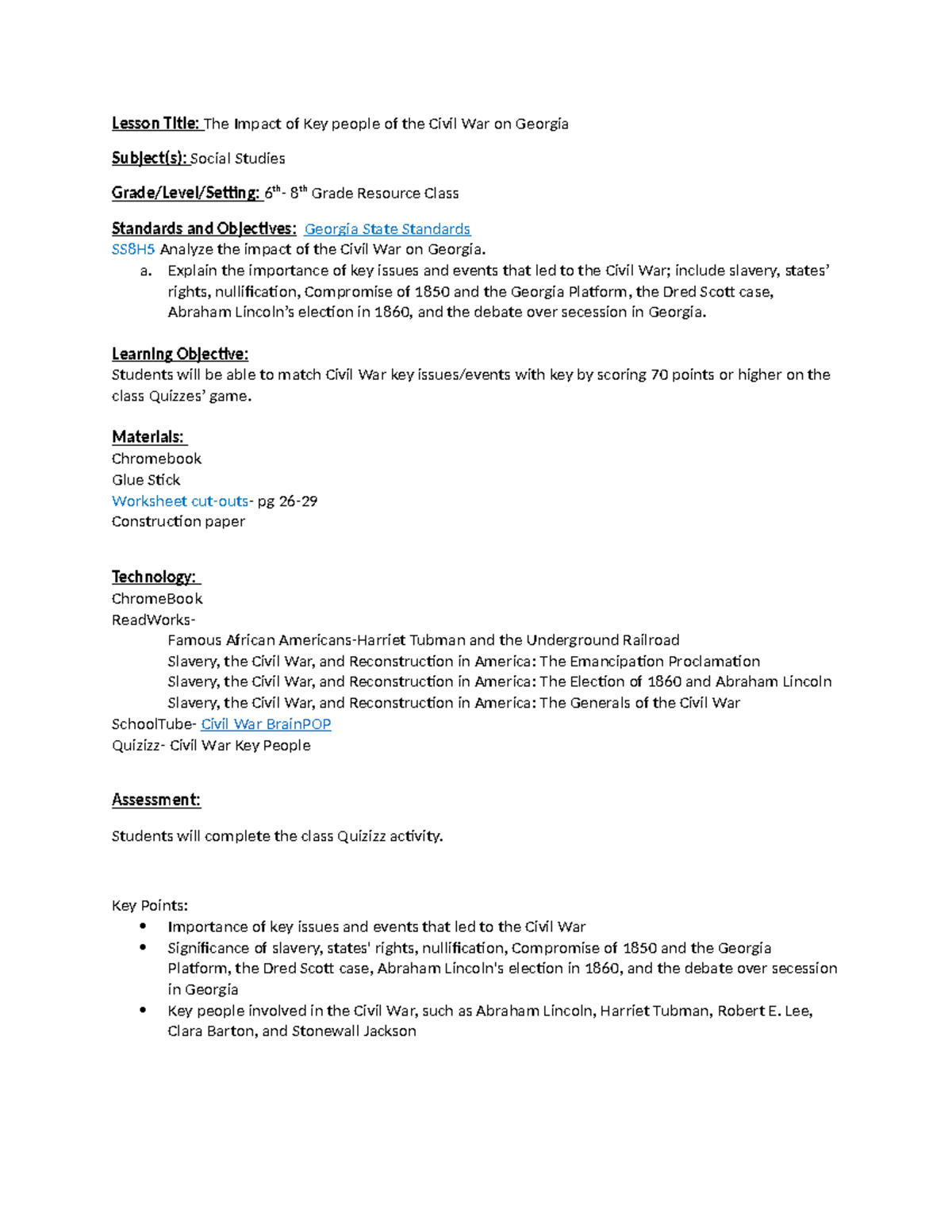 Oberservation 2 Lesson Plan - Lesson Title: The Impact of Key people of ...