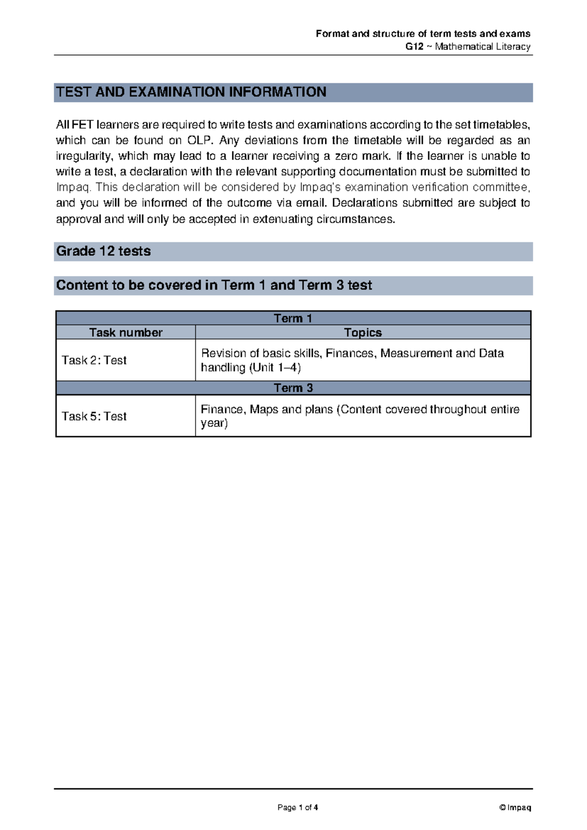 Weighting - MATHS - G12 ~ Mathematical Literacy TEST AND EXAMINATION ...