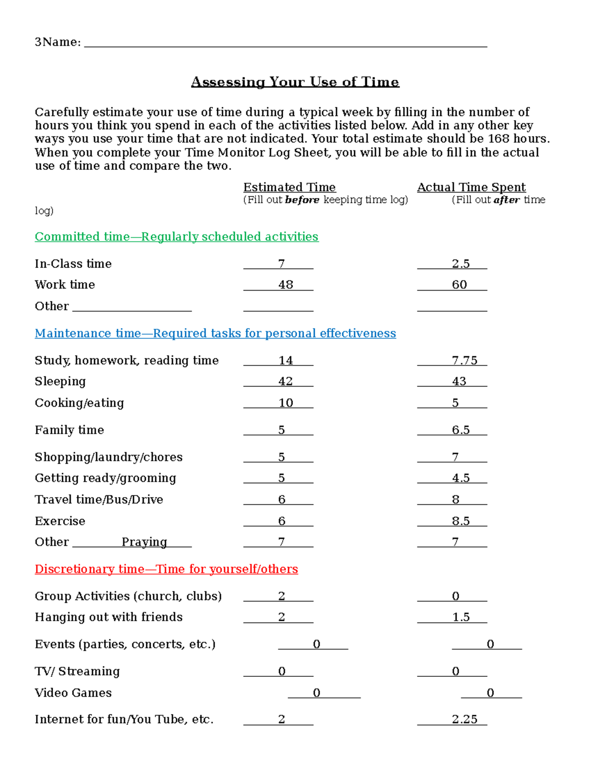 Time Management Project F20 - 3Name: Assessing Your Use of Time ...