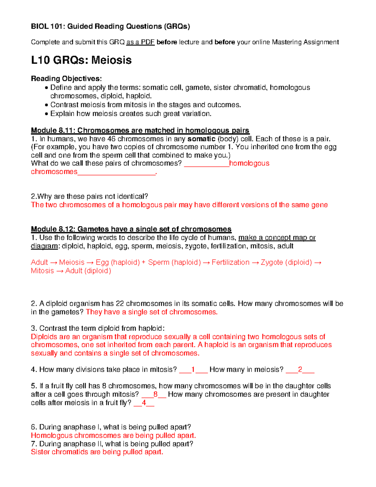 Lesson 10 GRQs Meiosis - GRQ 10 - BIOL 101: Guided Reading Questions (GRQs) Complete and submit ...