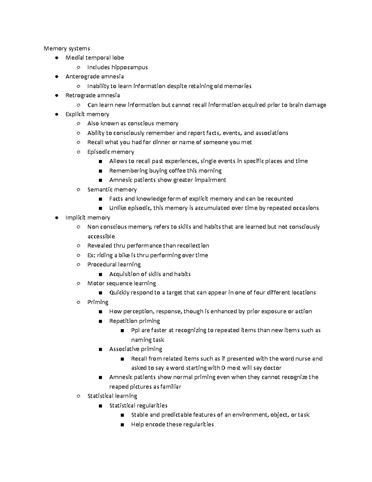 Psyc 221 Quiz 4 Lecture Notes For Quiz Number 4 Including 2 Chapters Memory Systems Medial