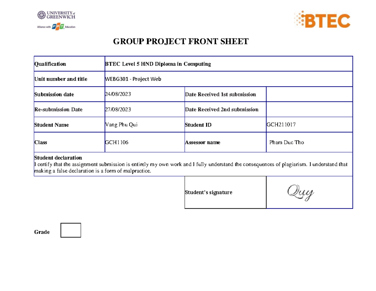 Assignment webg301-GCH211017-GCH1106 final - GROUP PROJECT FRONT SHEET Qualification BTEC Level ...