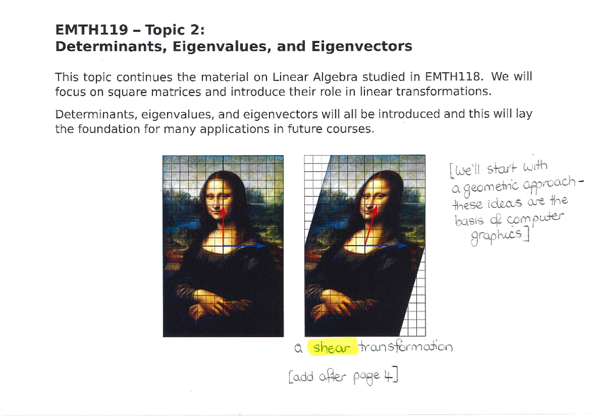 Week1 full notes - EMTH119 Topic 2: Determinants, Eigenvalues, and ...