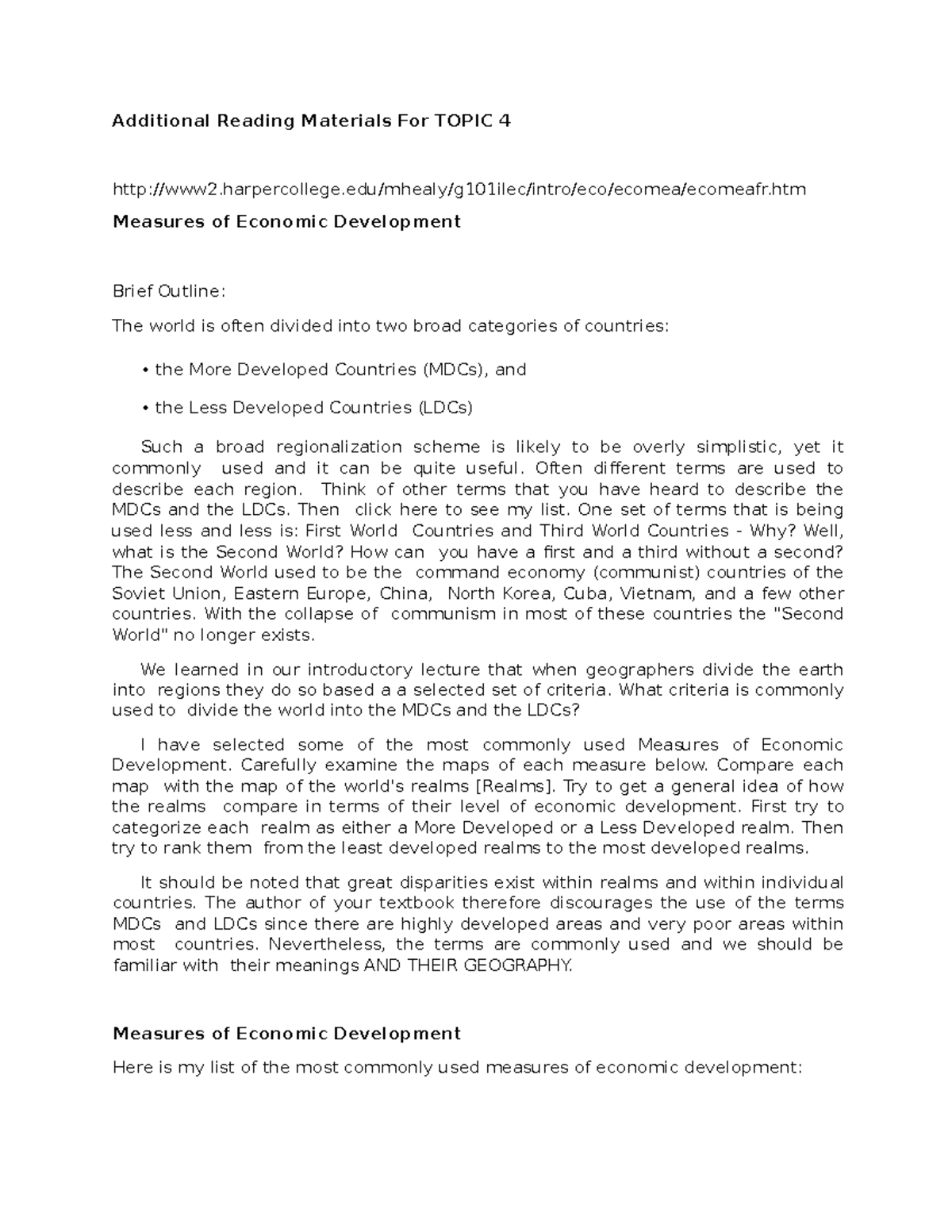 Measures of Economic Development - Additional Reading Materials For ...
