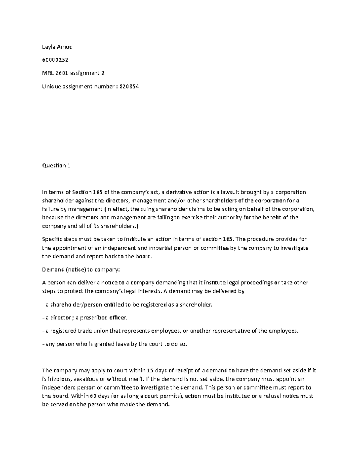 MRL 2601 assignmment 2 - Assigment - Layla Amod 60000252 MRL 2601 ...