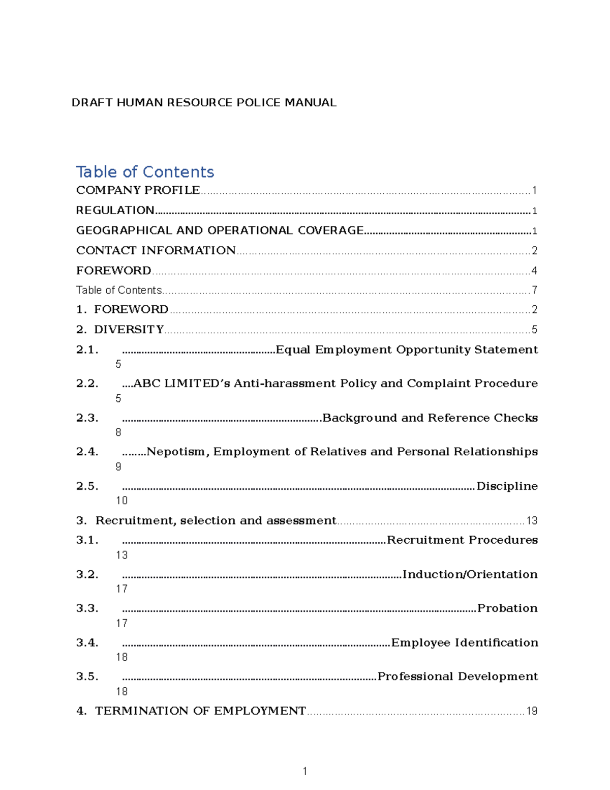 Generic Human Resource Policy Mannual 14622 - DRAFT HUMAN RESOURCE ...